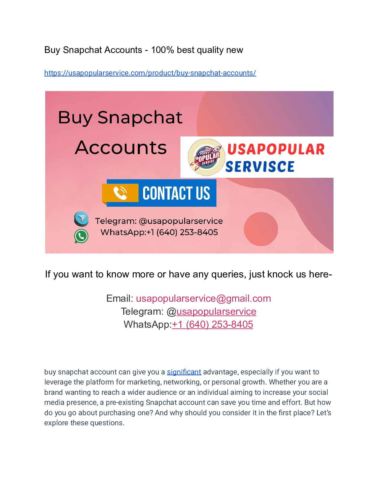 Buy Snapchat Accounts Email: usasmmvcc@gmail Telegram - Speaker Deck
